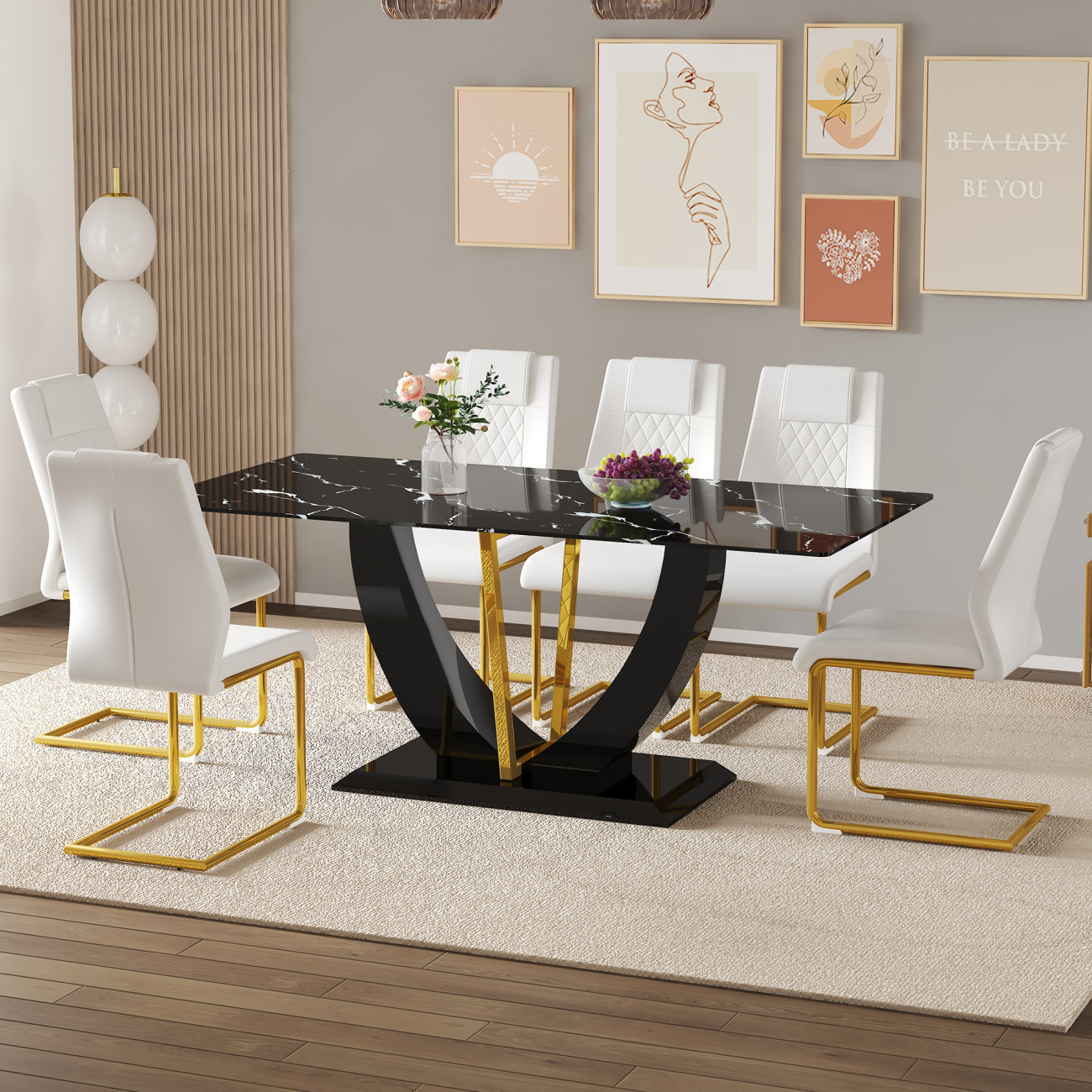 Brayden Studio® Marble Pattern Tempered Glass Dining Set - 71"X35.4" With 6 High-Quality PU ...